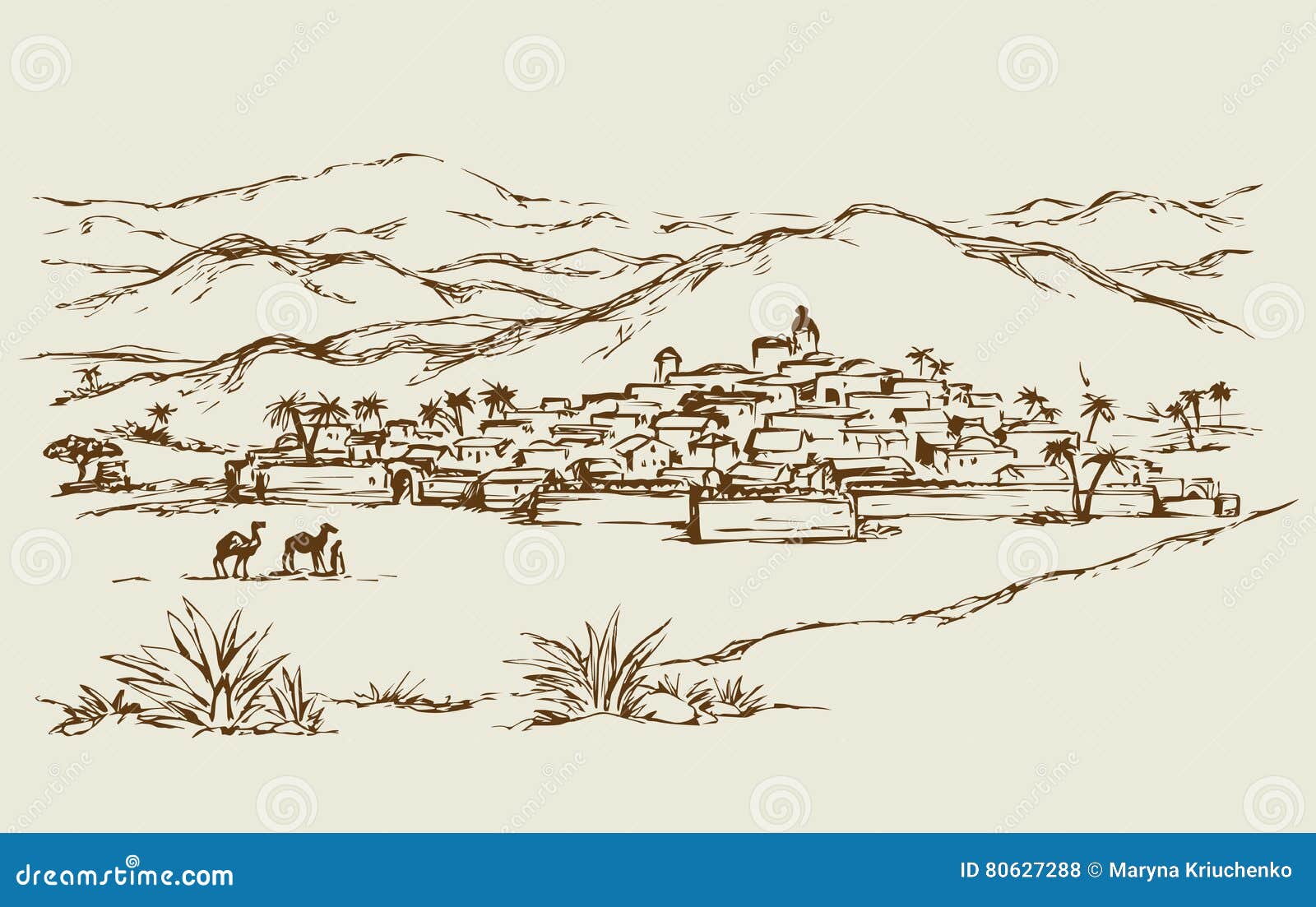 Stad in Een Woestijn Vector Tekening Vector Illustratie - Illustration ...
