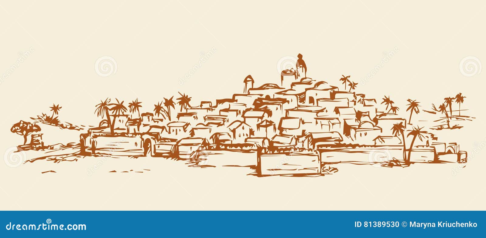 Stad in Een Woestijn Vector Tekening Vector Illustratie - Illustration ...