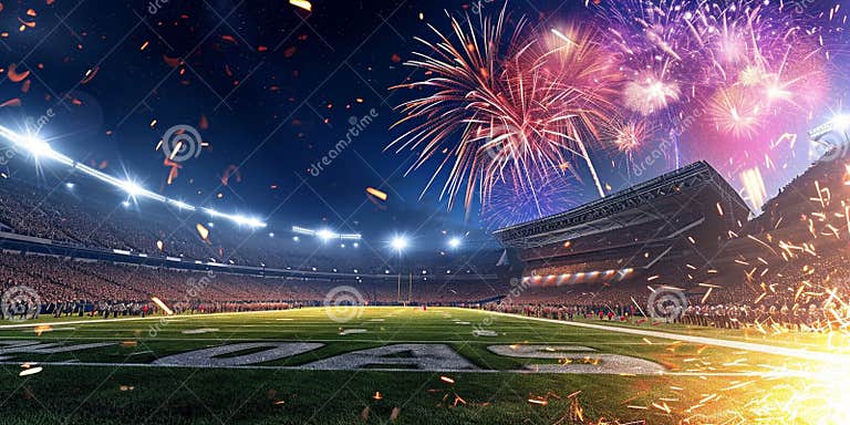 Stadium Filled with Fireworks Over Field Stock Illustration ...