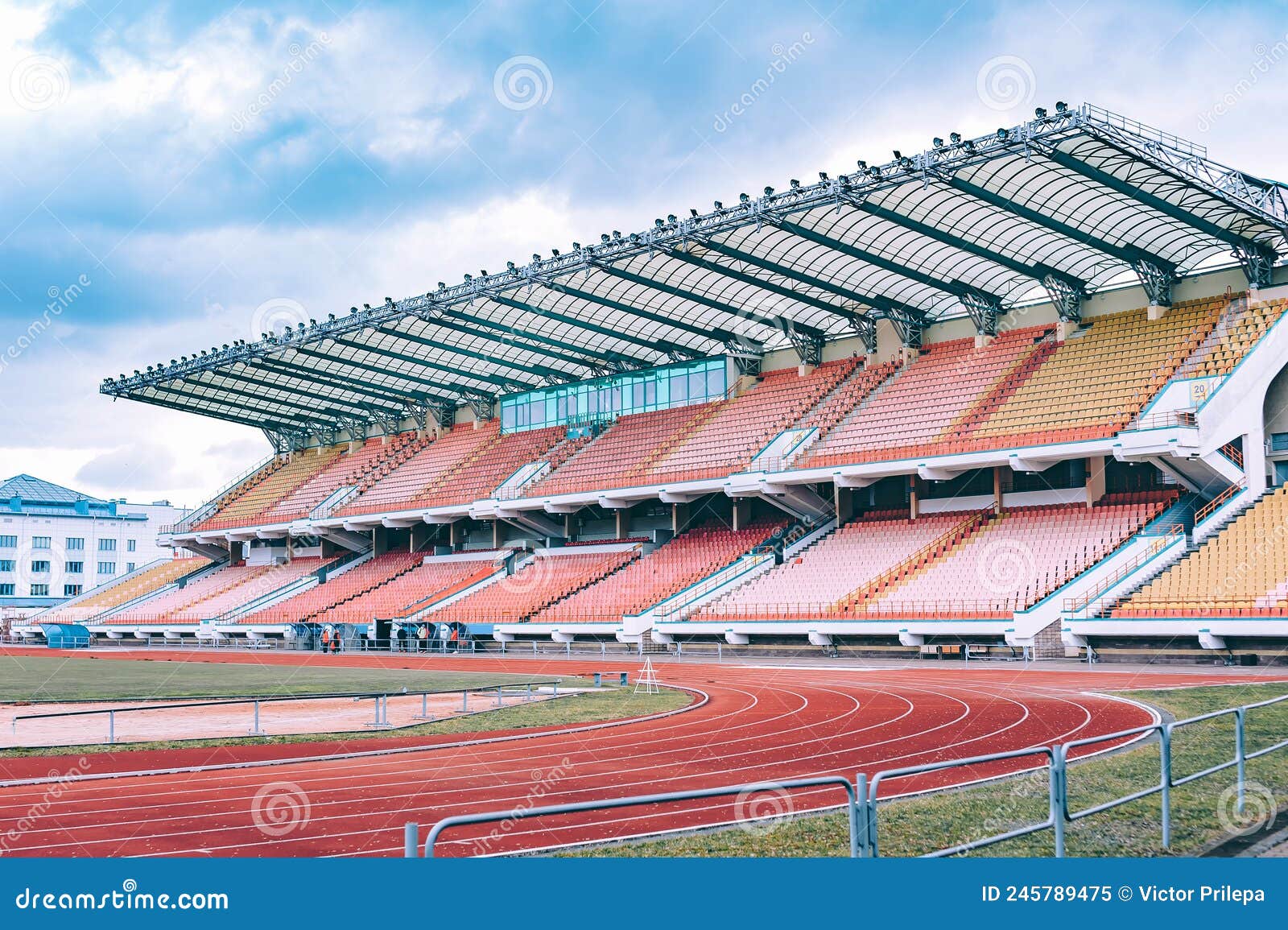Stadium Grandstand Background with Running Track and Lawn Stock Image ...