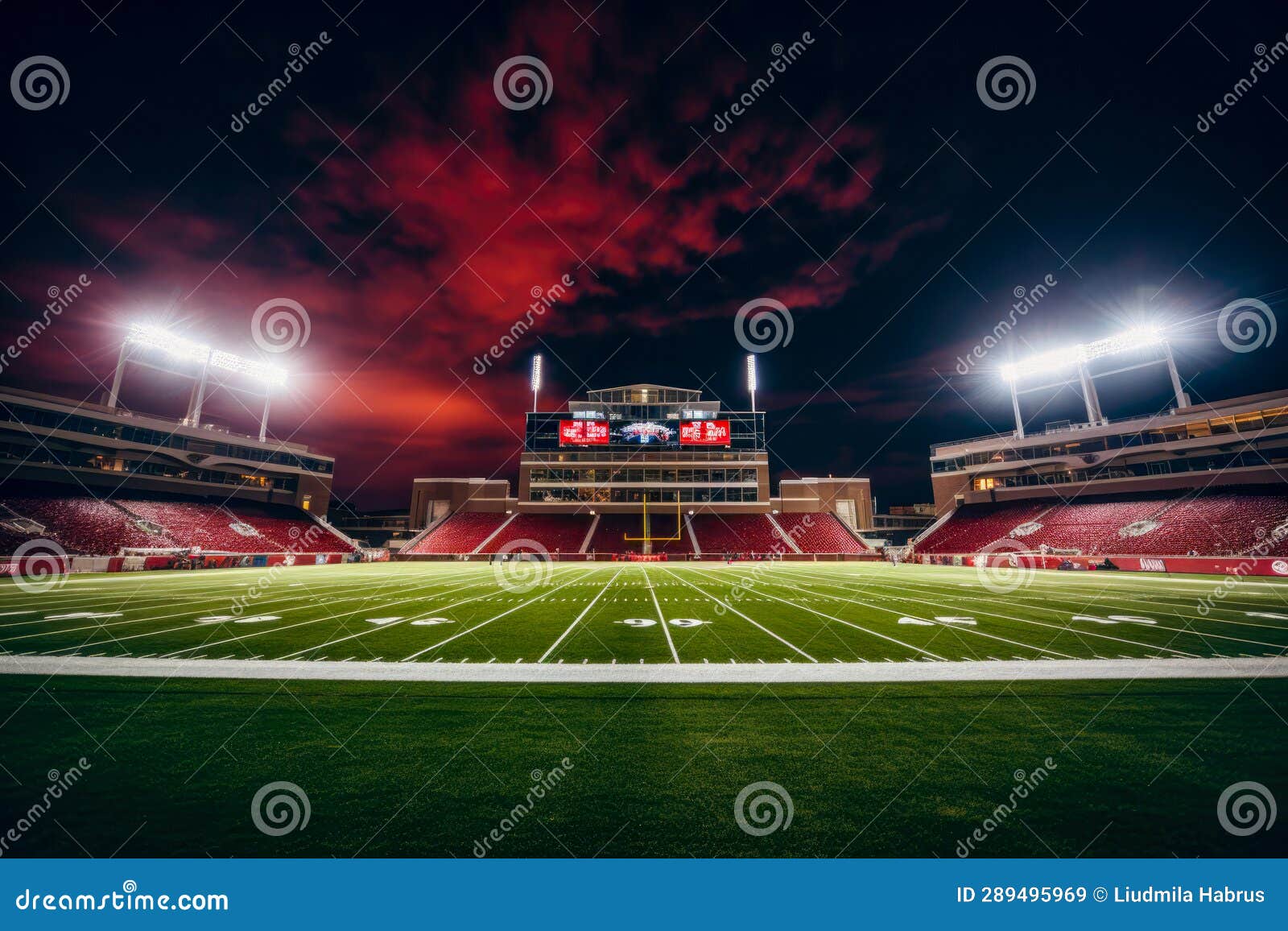 Stadium at Night with Bright Lights and Grass Field Stock Image - Image ...
