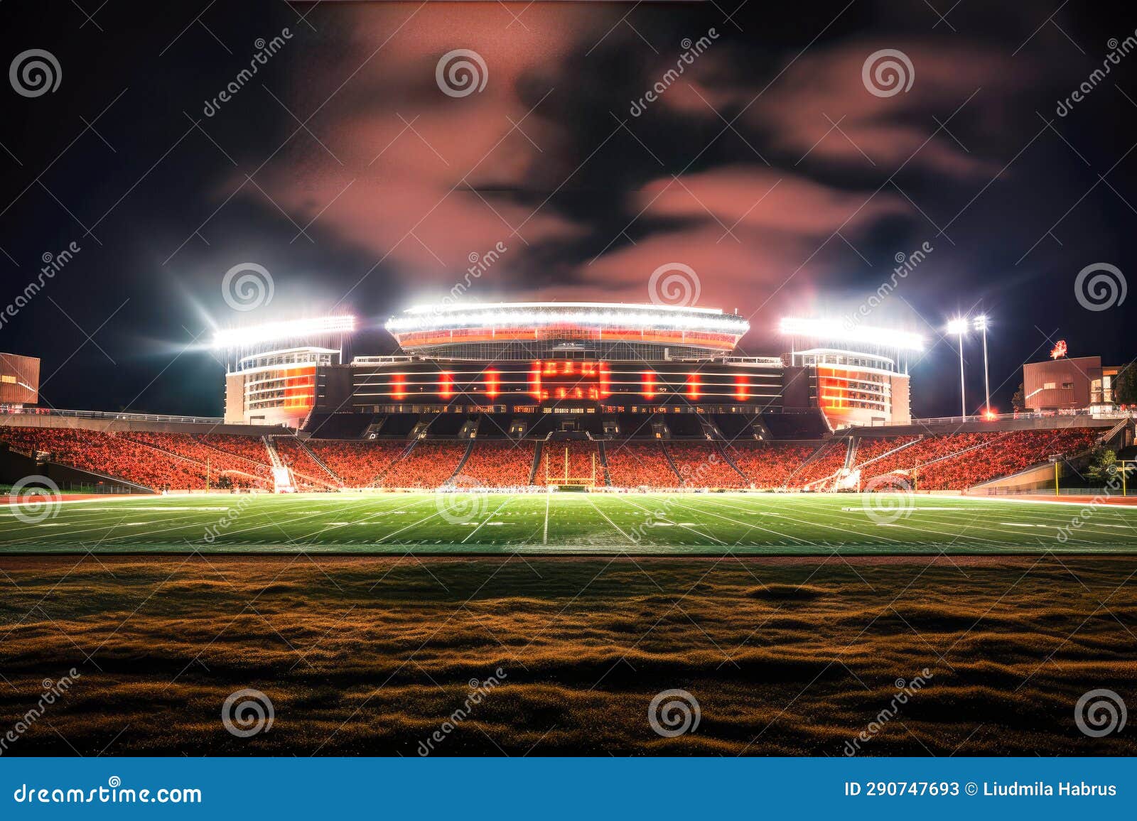 Stadium at Night with Bright Lights and Grass Field Stock Image - Image ...