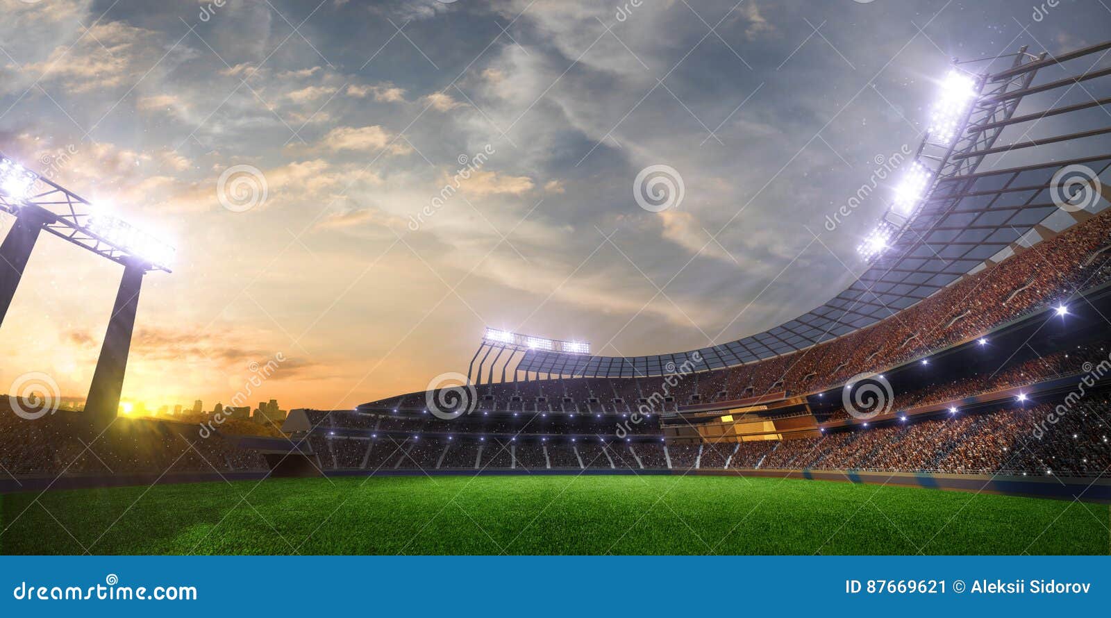 Stadium Sunset With People Fans. 3d Render Illustration Cloudy ...