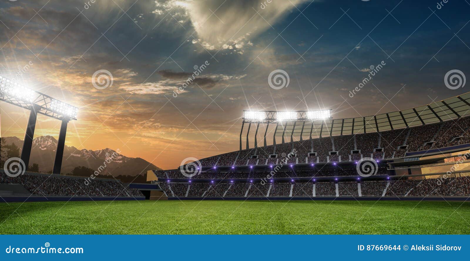 Stadium Sunset with People Fans. 3d Render Illustration Cloudy Stock ...