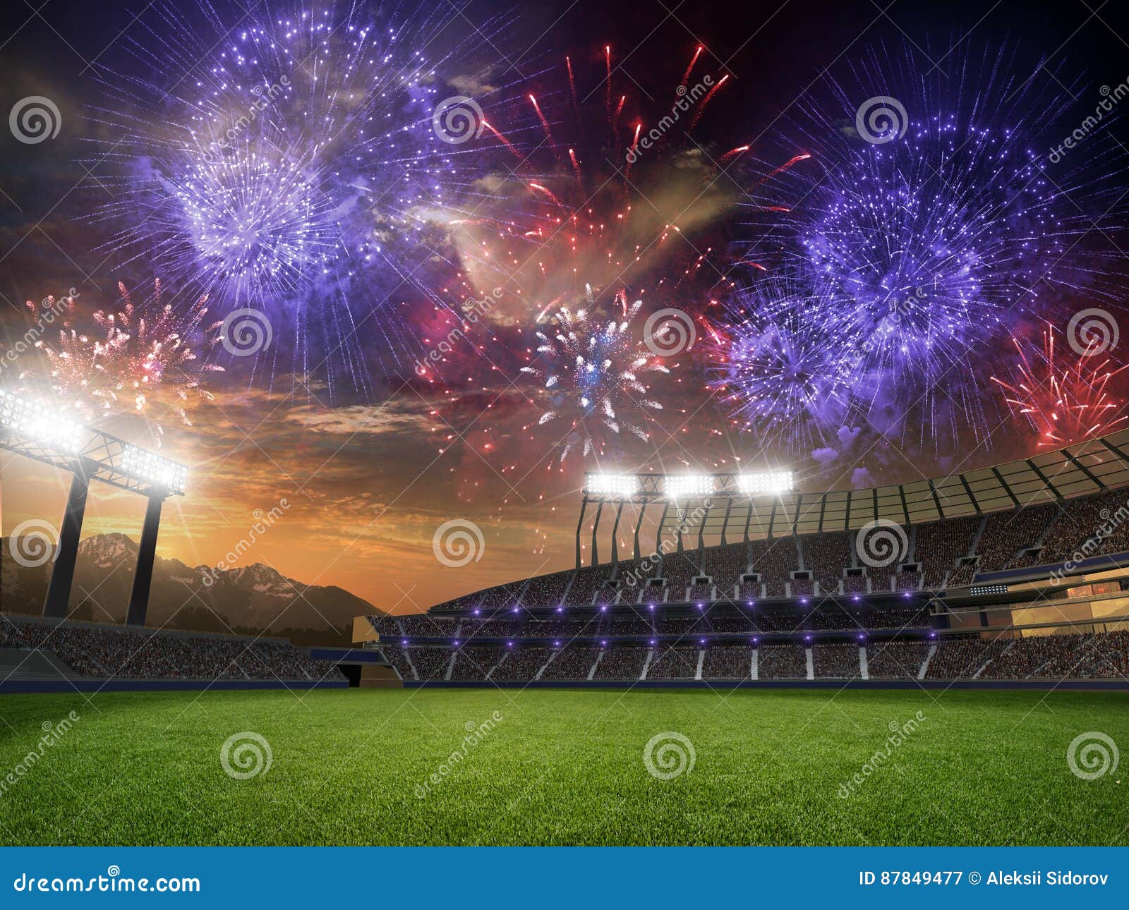 Stadium Sunset with People Fans. 3d Render Illustration Cloudy Sky ...