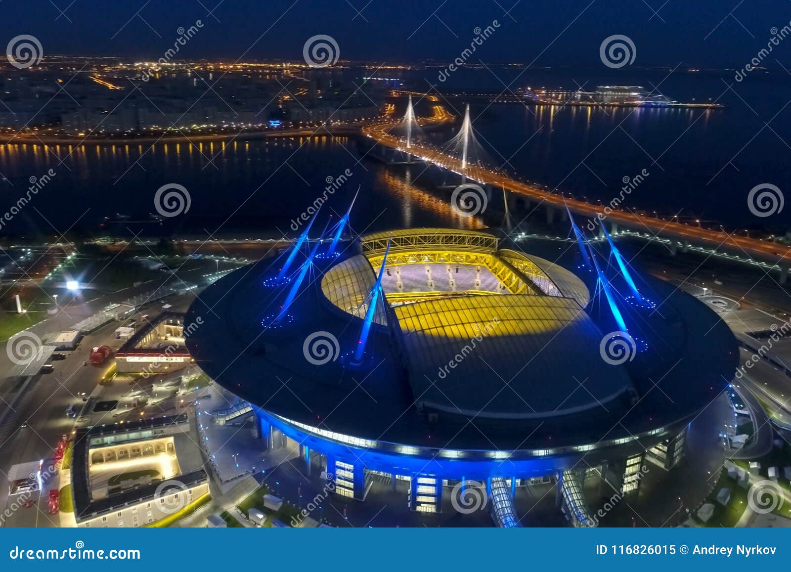 Stadium Zenith Arena at Night. Illuminated by Multi-colored Lights the ...