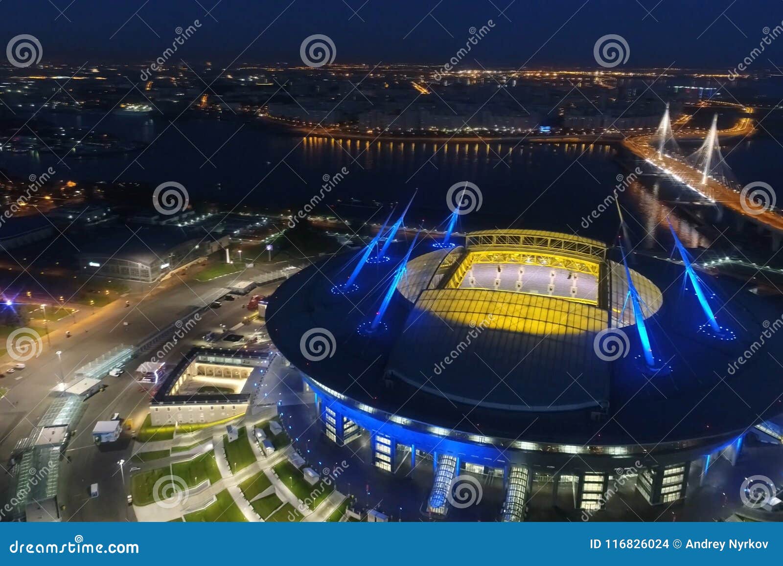 Stadium Zenith Arena at Night. Illuminated by Multi-colored Lights the ...