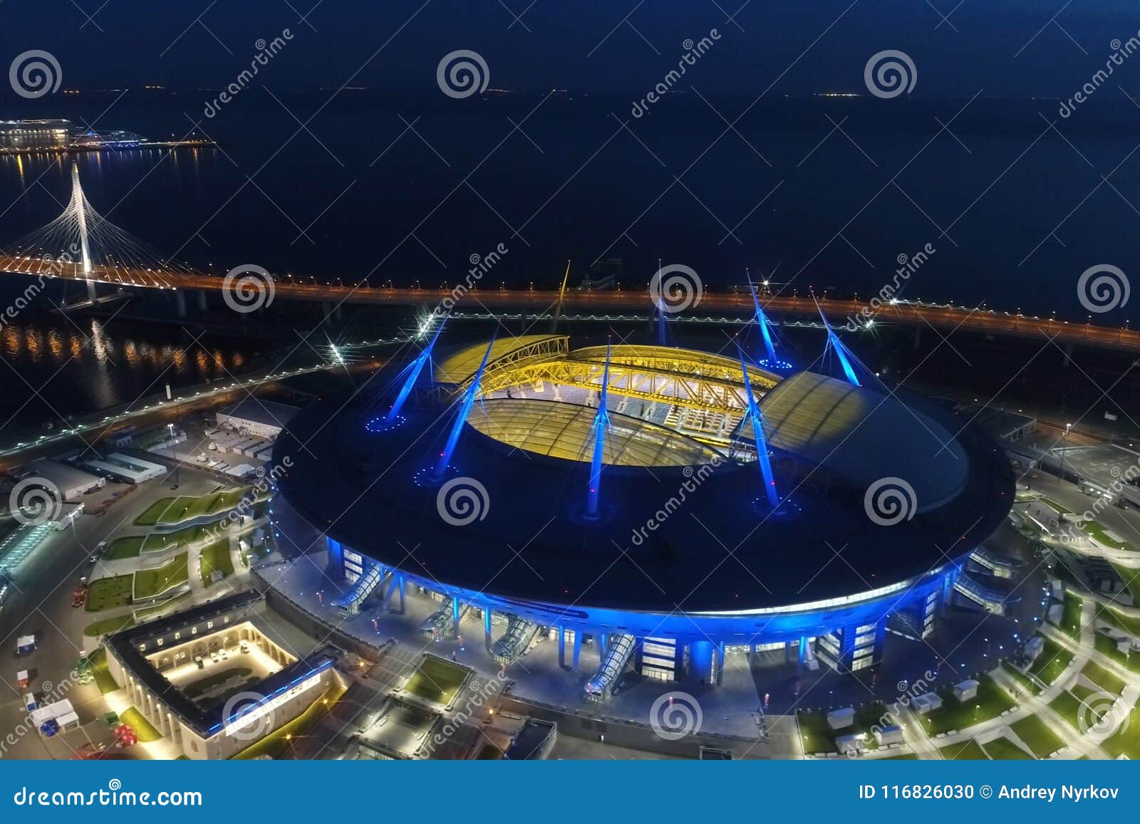 Stadium Zenith Arena at Night. Illuminated by Multi-colored Lights the ...