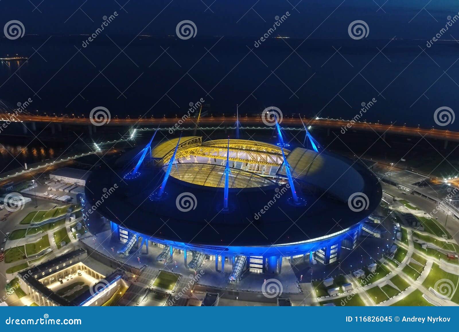 Stadium Zenith Arena at Night. Illuminated by Multi-colored Lights the ...