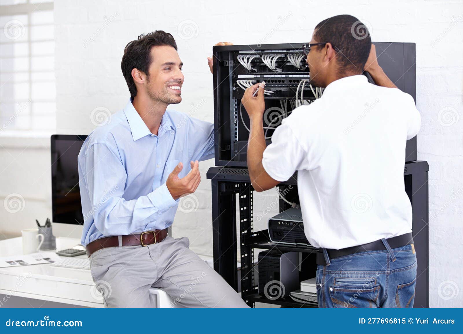 Staff, Men and Employees with Server, Internet Connection and ...