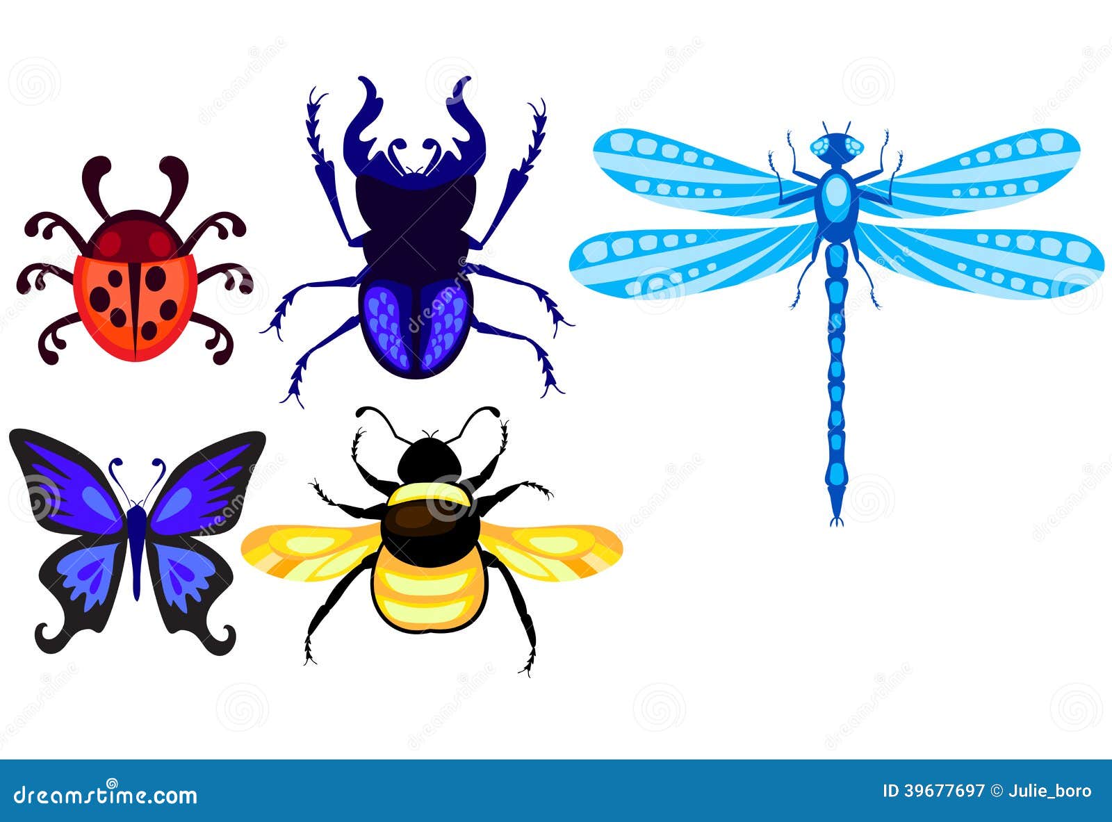 Stag-beetle; Dragonfly; Ladybug; Butterfly and Bumblebee Stock Vector ...