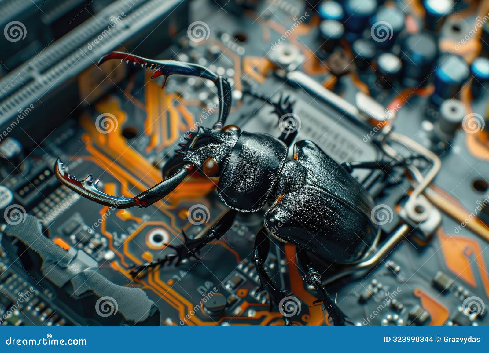 A Stag Beetle Sitting on Computer Motherboard, Computer Virus Concept ...