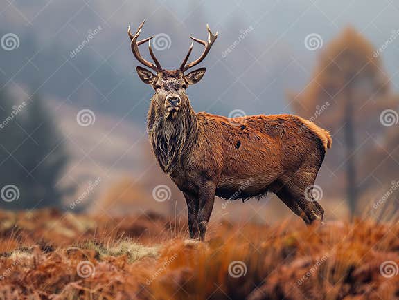 A Stag Standing in a Field with Trees in the Background Stock Photo ...