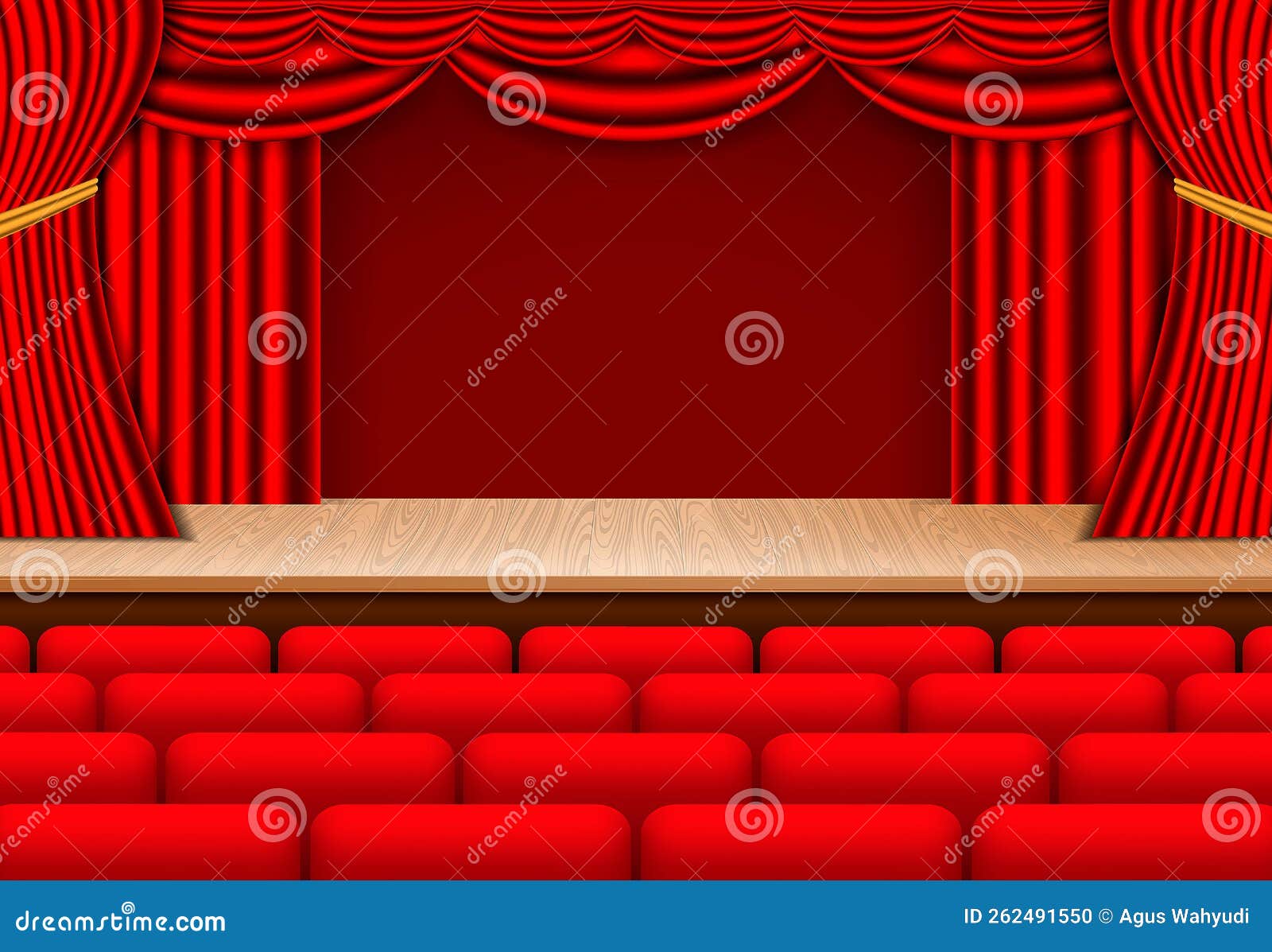 Realistic Theater Wooden Stage with Lights and Red Curtain.. Stock ...