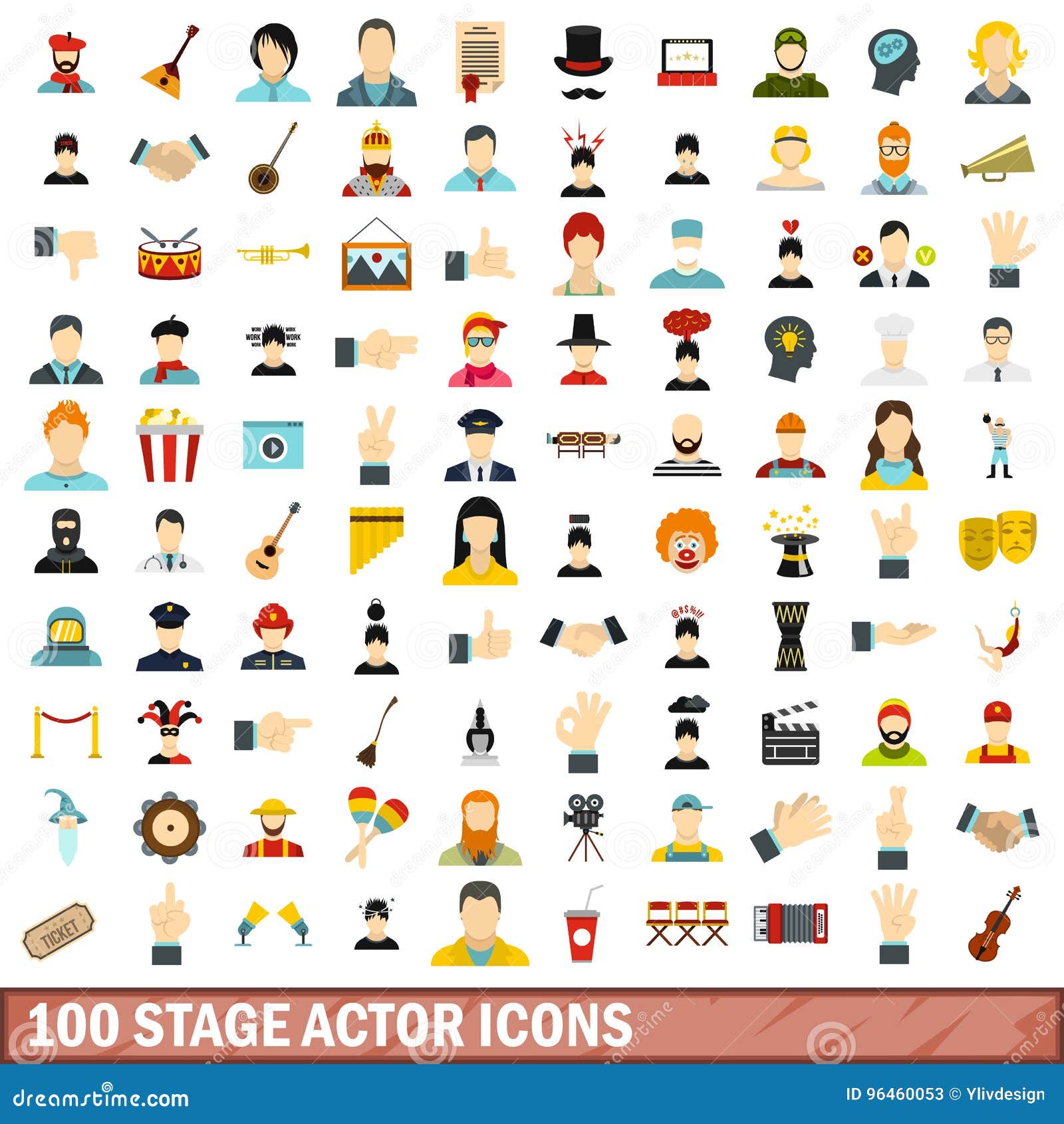 100 Stage Actor Icons Set, Flat Style Stock Vector - Illustration of ...