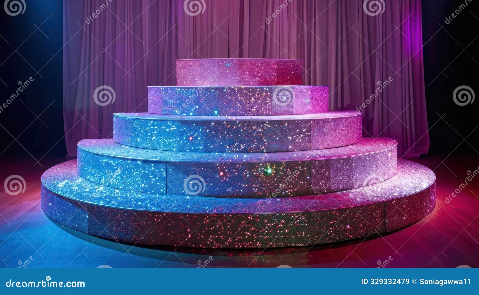 A Stage with a Blue and Purple Backdrop and a Multi-tiered Stage with a ...