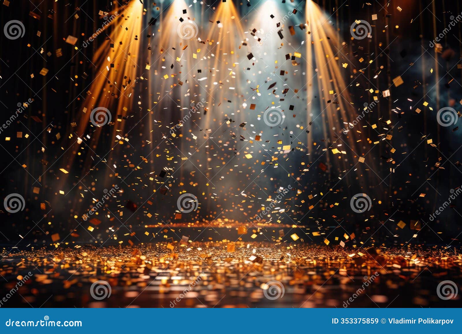 A Stage with Bright Spotlights and Confetti Falling from the Ceiling ...