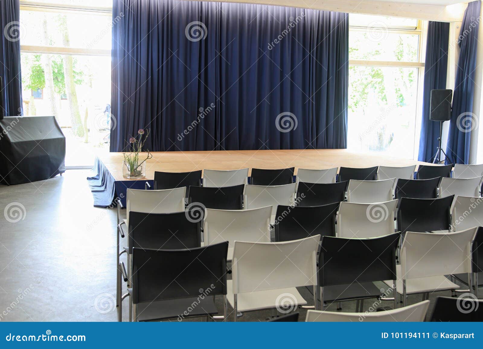 Stage with Chairs and Curtain Stock Image - Image of stage ...