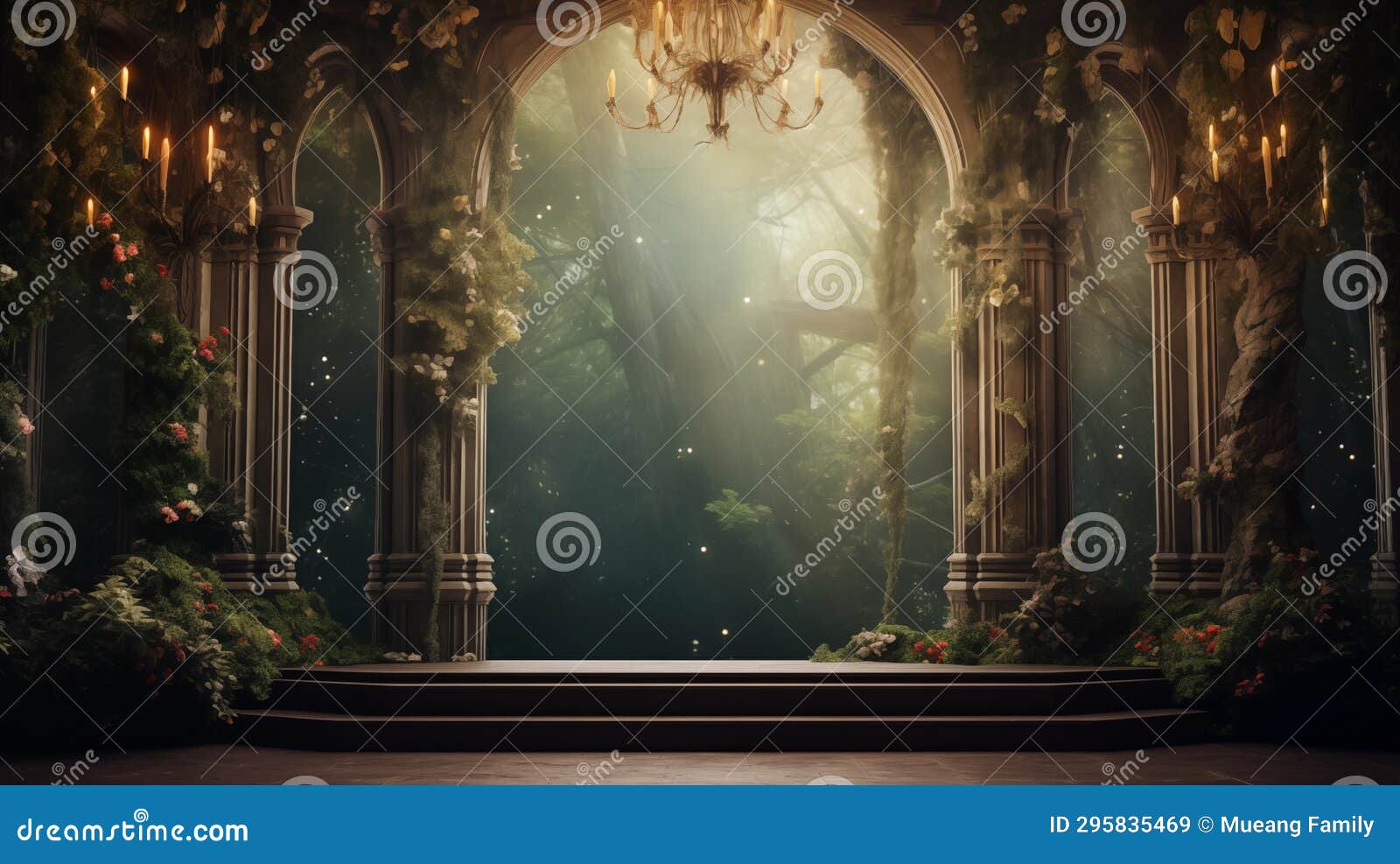 A Stage with a Chandelier and Flowers in Forest Abstract Background ...
