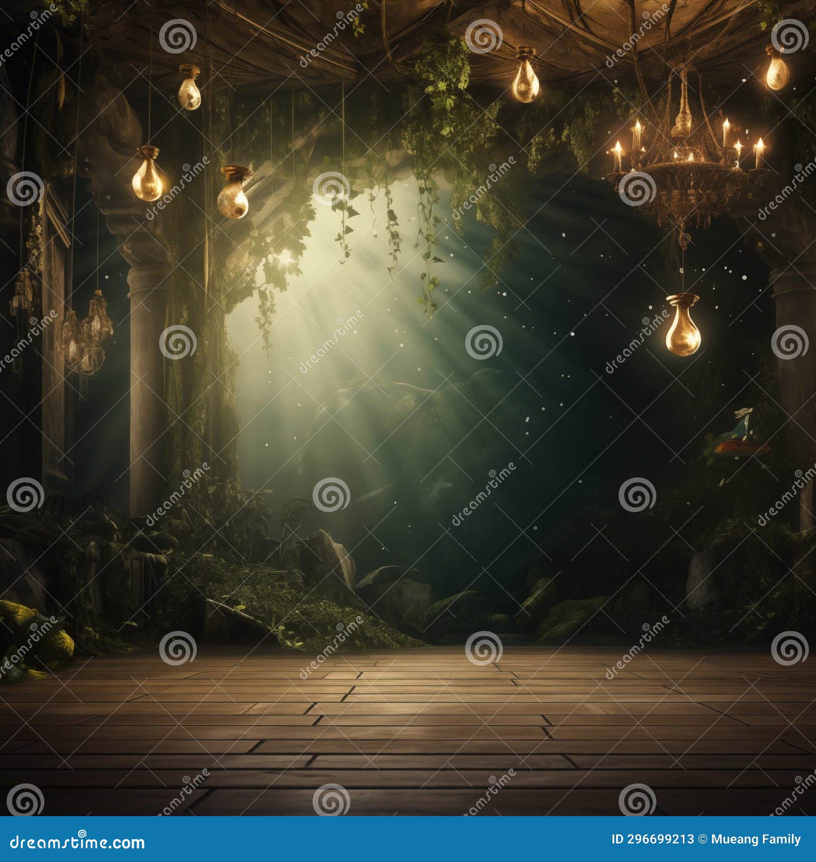 A Stage with a Chandelier and Flowers in a Forest Abstract Background ...