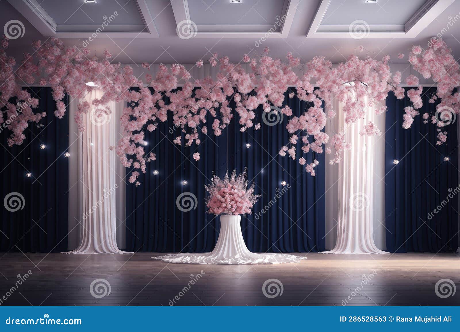A Stage with Columns and Flowers in Pink and White Stock Illustration ...