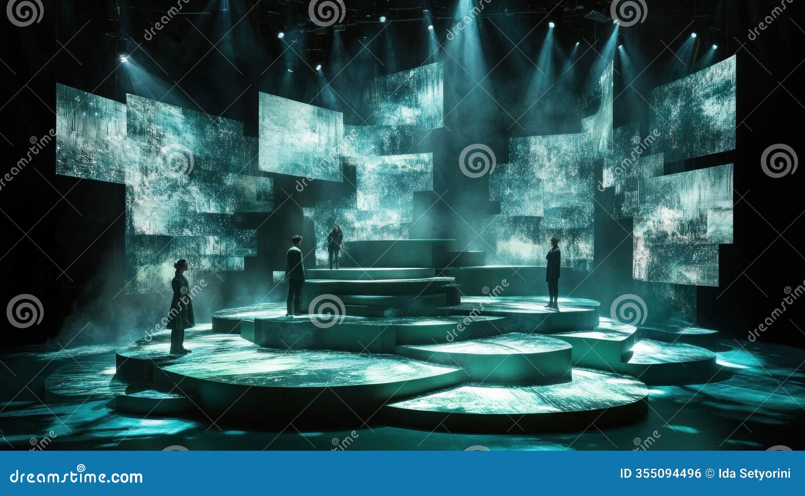 Stage Design with Abstract Visuals and Performers Stock Illustration ...