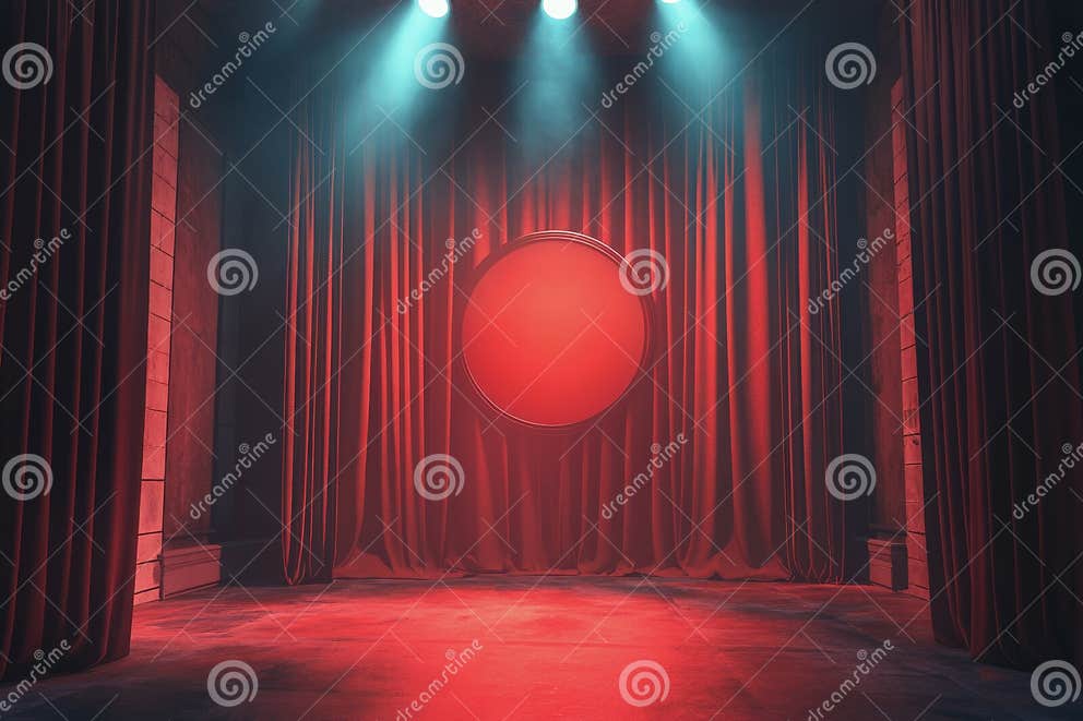 A Dramatic Stage Setup with Red Curtains and a Circular Backdrop ...