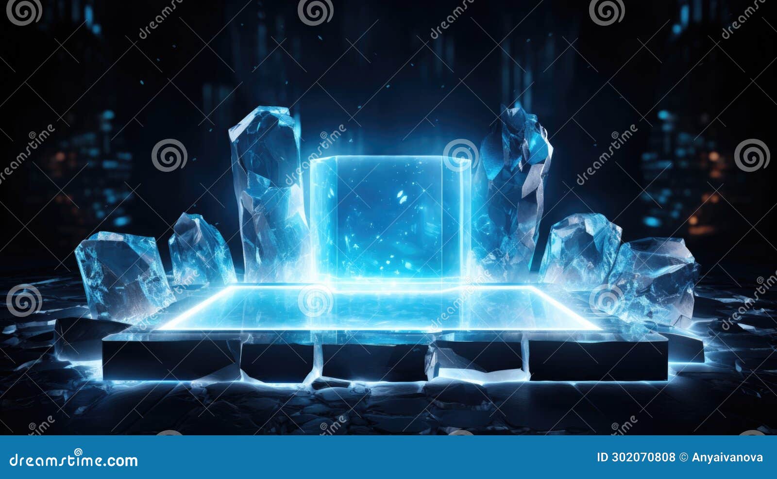 A Stage with Ice Cubes and Lights in a Dark Room. Empty Blank Podium or ...