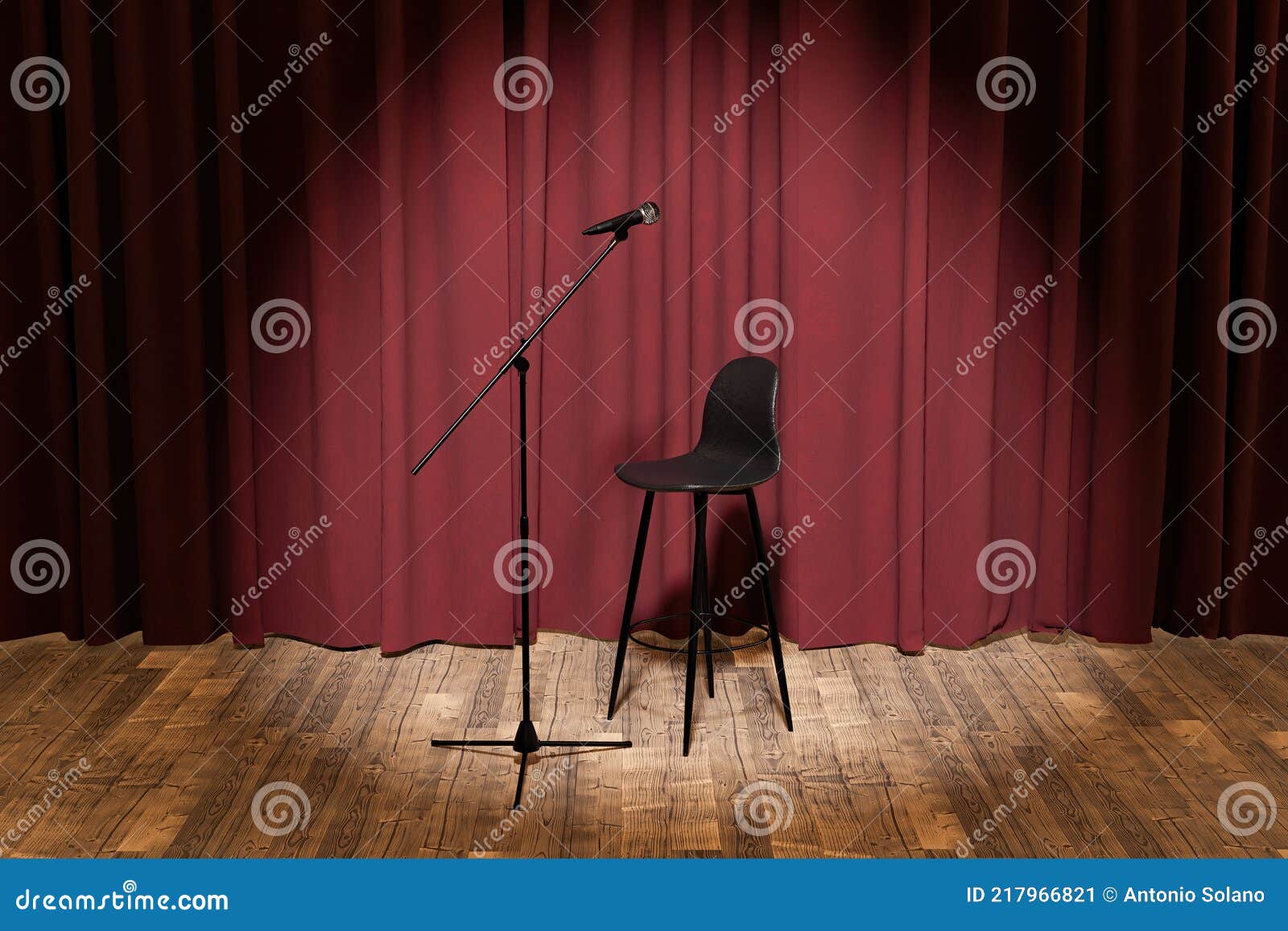 Microphone and Stool on a Stage with Curtains Behind Stock Illustration ...