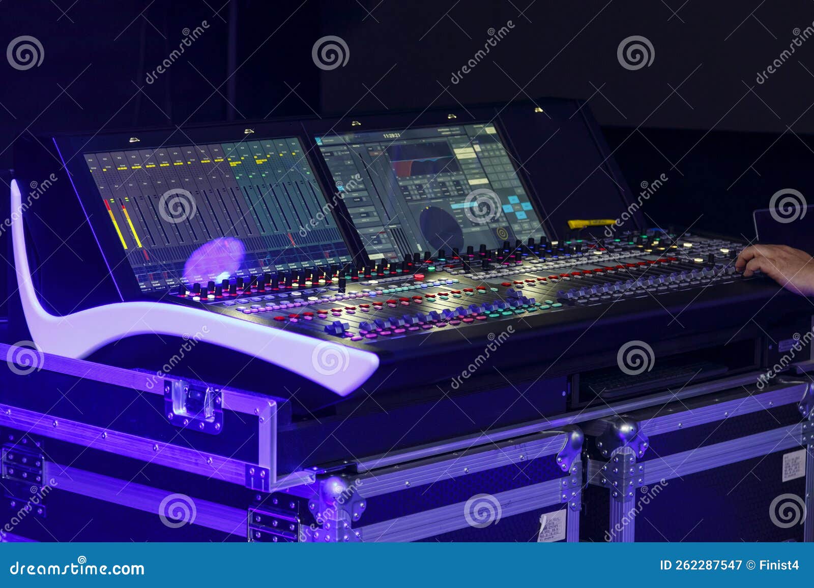 The Stage Light Control Panel is Operated by an Engineer S Hand in Blue ...