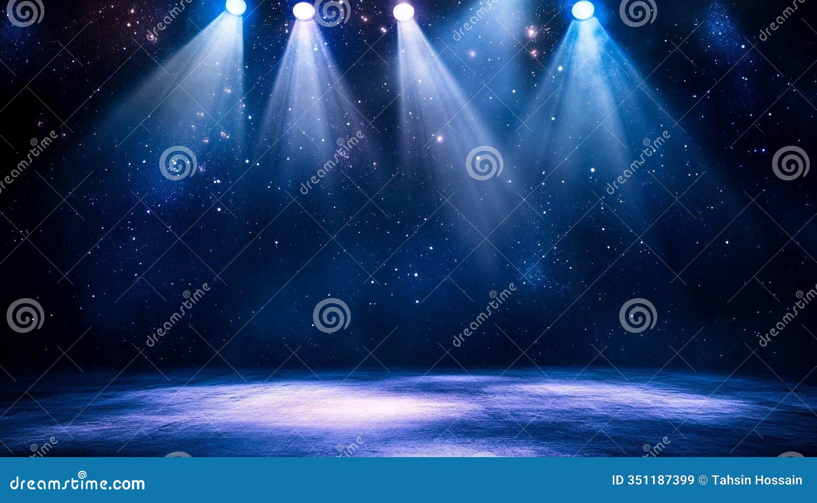 Stage Lights Illuminate an Empty Stage Under a Starry Sky Backdrop ...