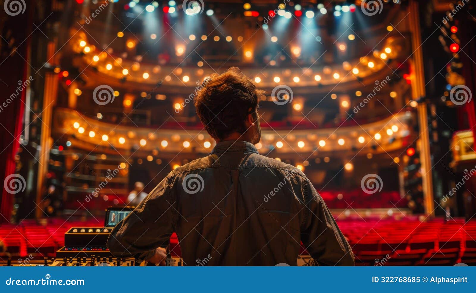 Stage Manager is Working Backstage in an Empty Theater, Preparing for a ...