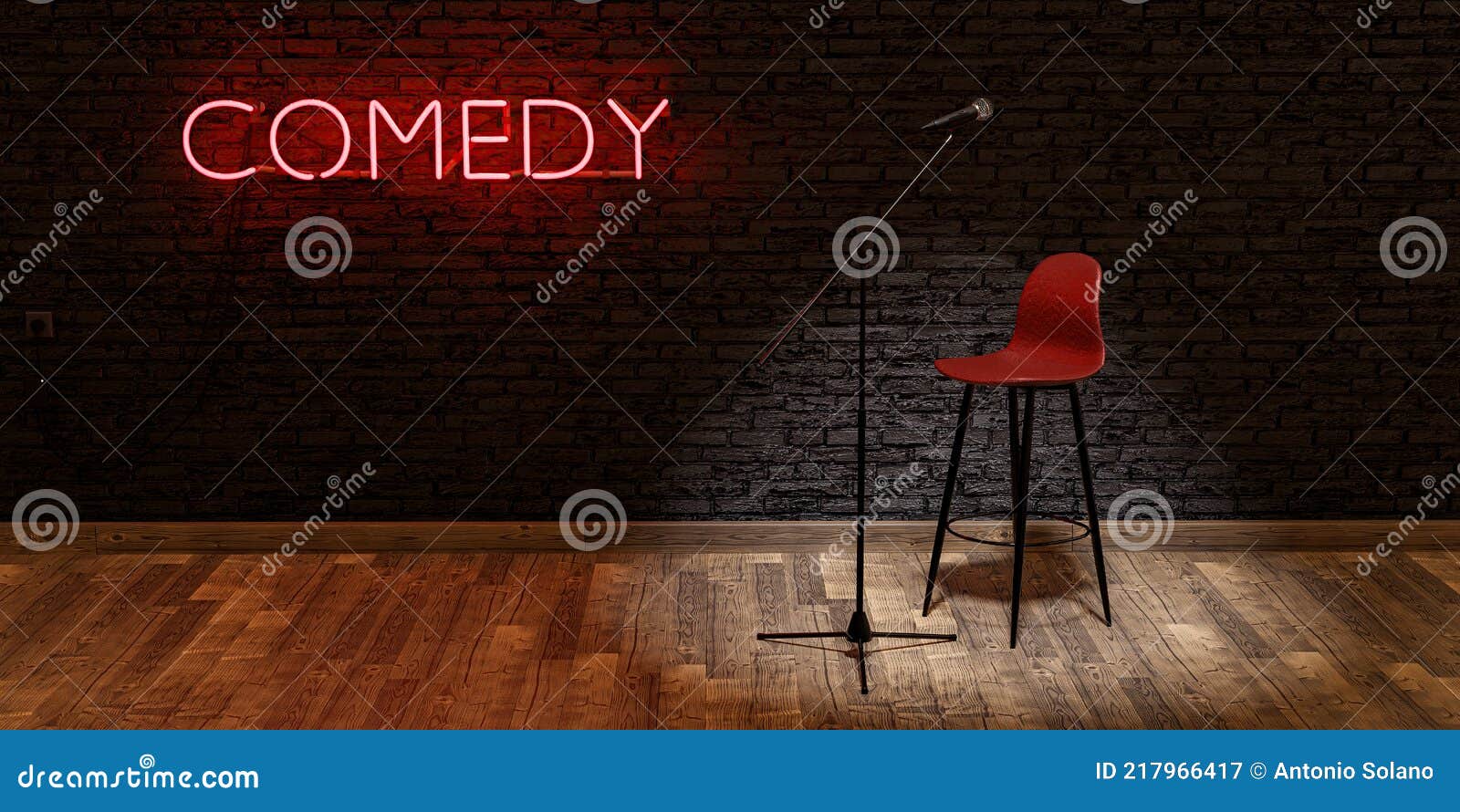Stage with Microphone and Stool with Red Neon Lamp with the Word COMEDY ...