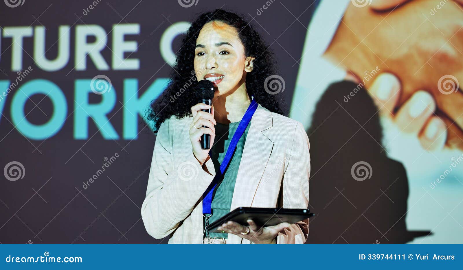 Stage, Presenter and Woman at Seminar on Business Transformation ...