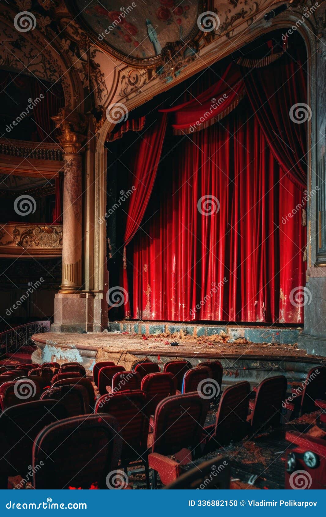 A Stage with a Red Curtain and Red Chairs Setup, Suitable for Concert ...