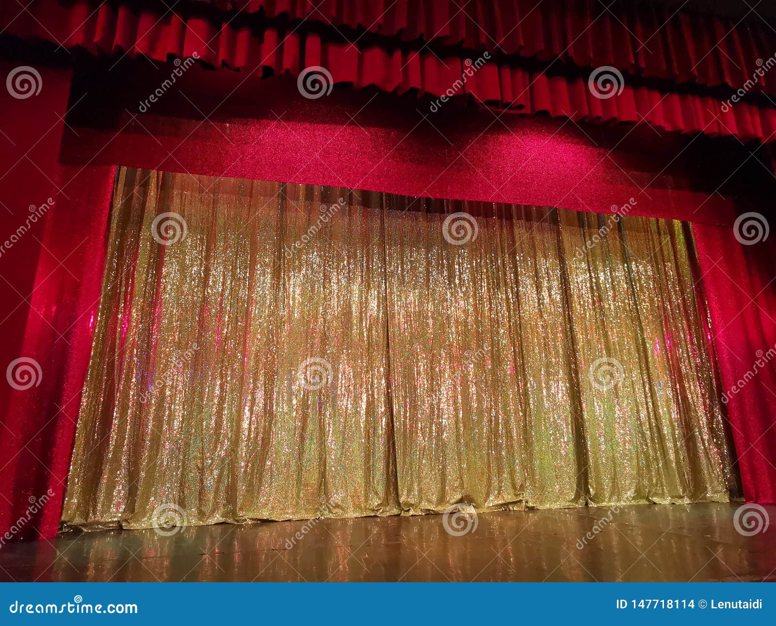 Stage with Red Curtain - Golden Shiny in the Middle Stock Photo - Image ...