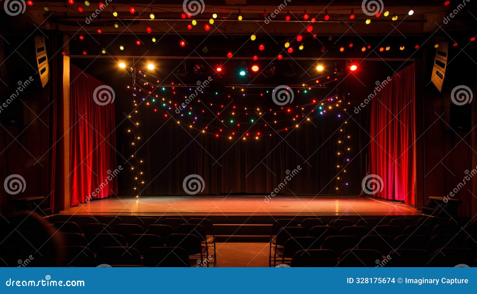 A Stage with a Red Curtain and Lights Hanging from the Ceiling. Stage ...