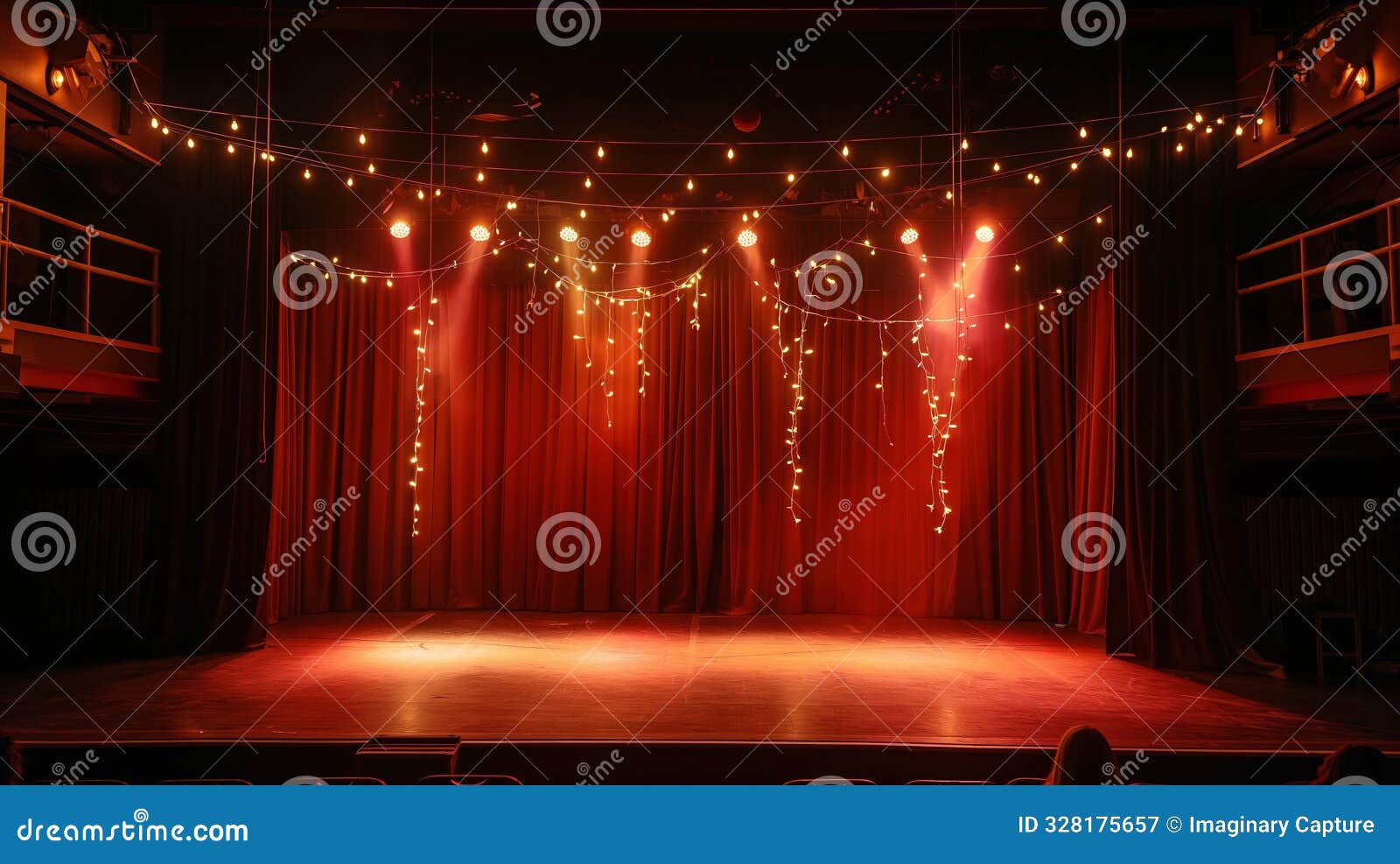 A Stage with Red Curtains and Lights Hanging from the Ceiling. Stage ...