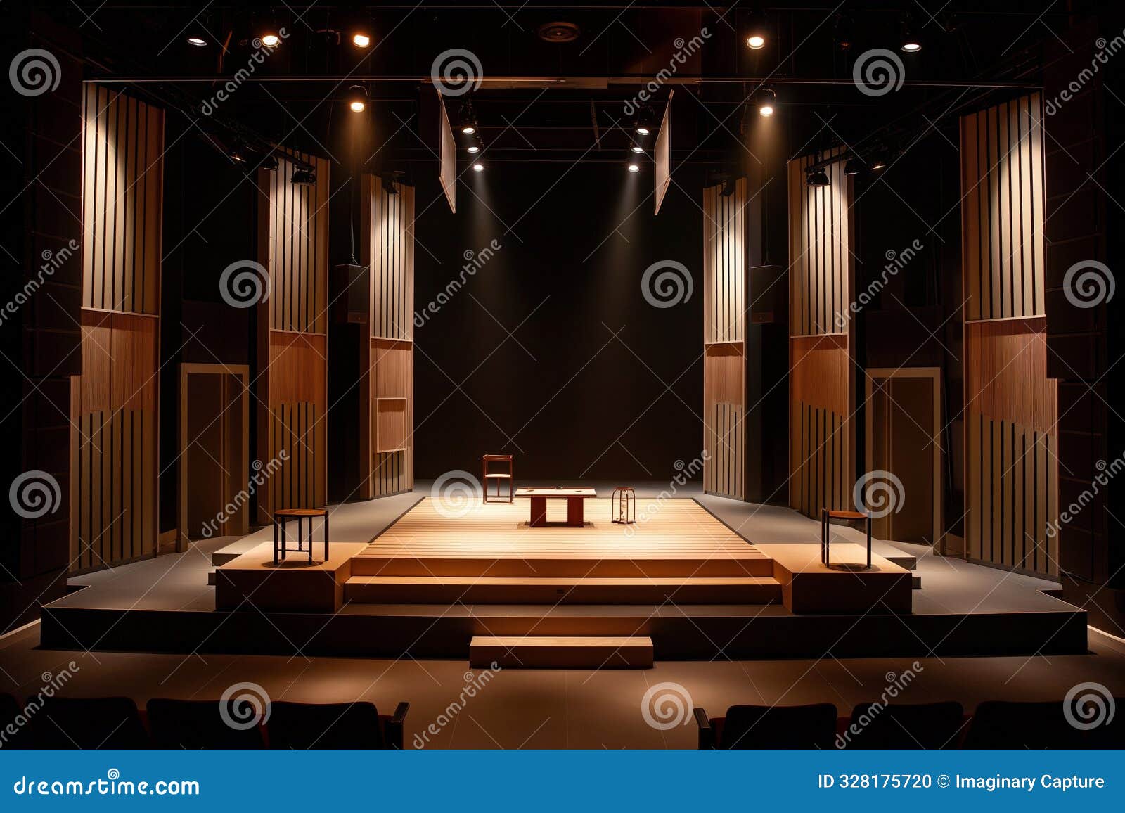 A Stage Set with a Table and Chairs, and a Backdrop of a Theater. Stage ...