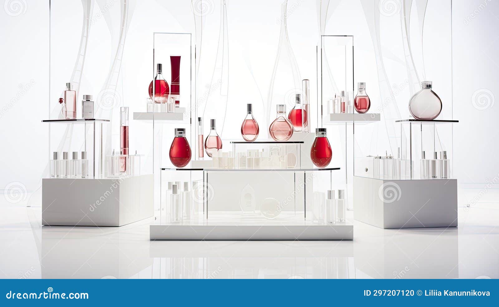 A Stage Showcase for Cosmetics, Elegantly Arranged on Glass Pedestals ...
