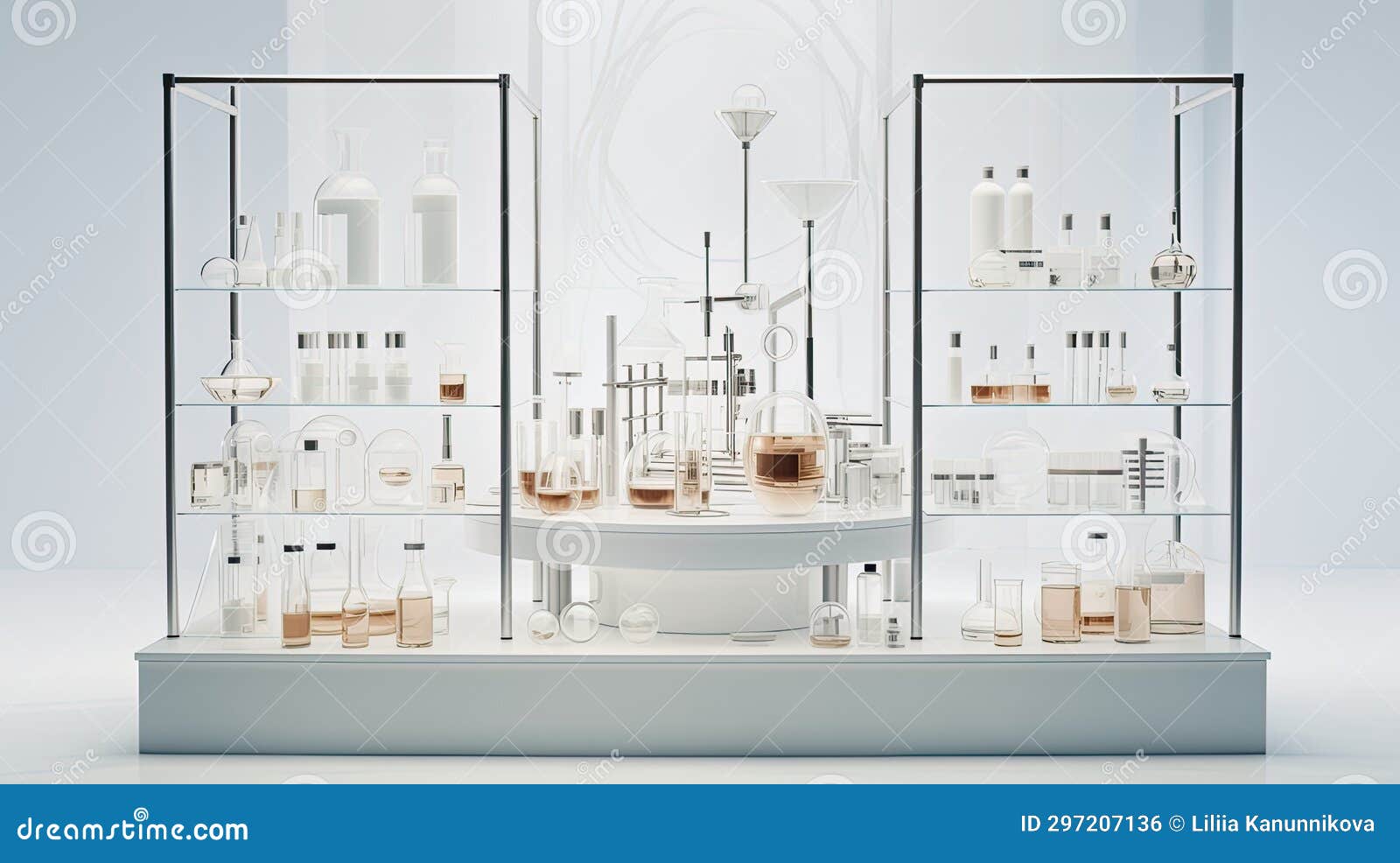 A Stage Showcase for Cosmetics, Elegantly Arranged on Glass Pedestals ...