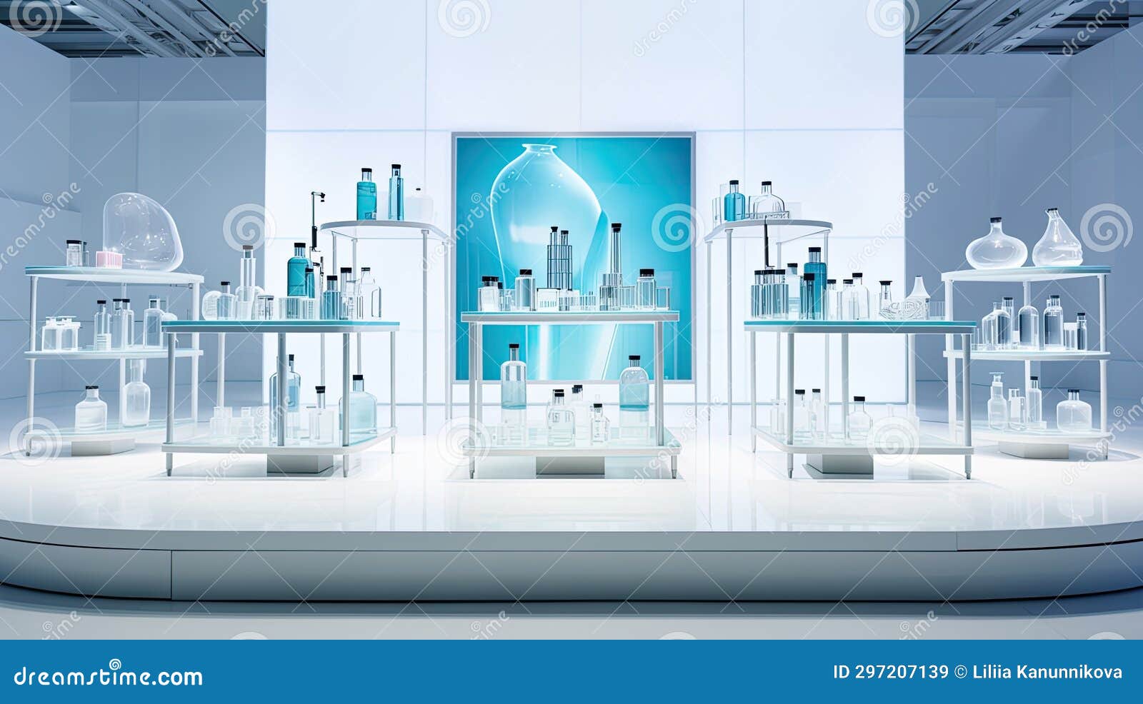 A Stage Showcase for Cosmetics, Elegantly Arranged on Glass Pedestals ...