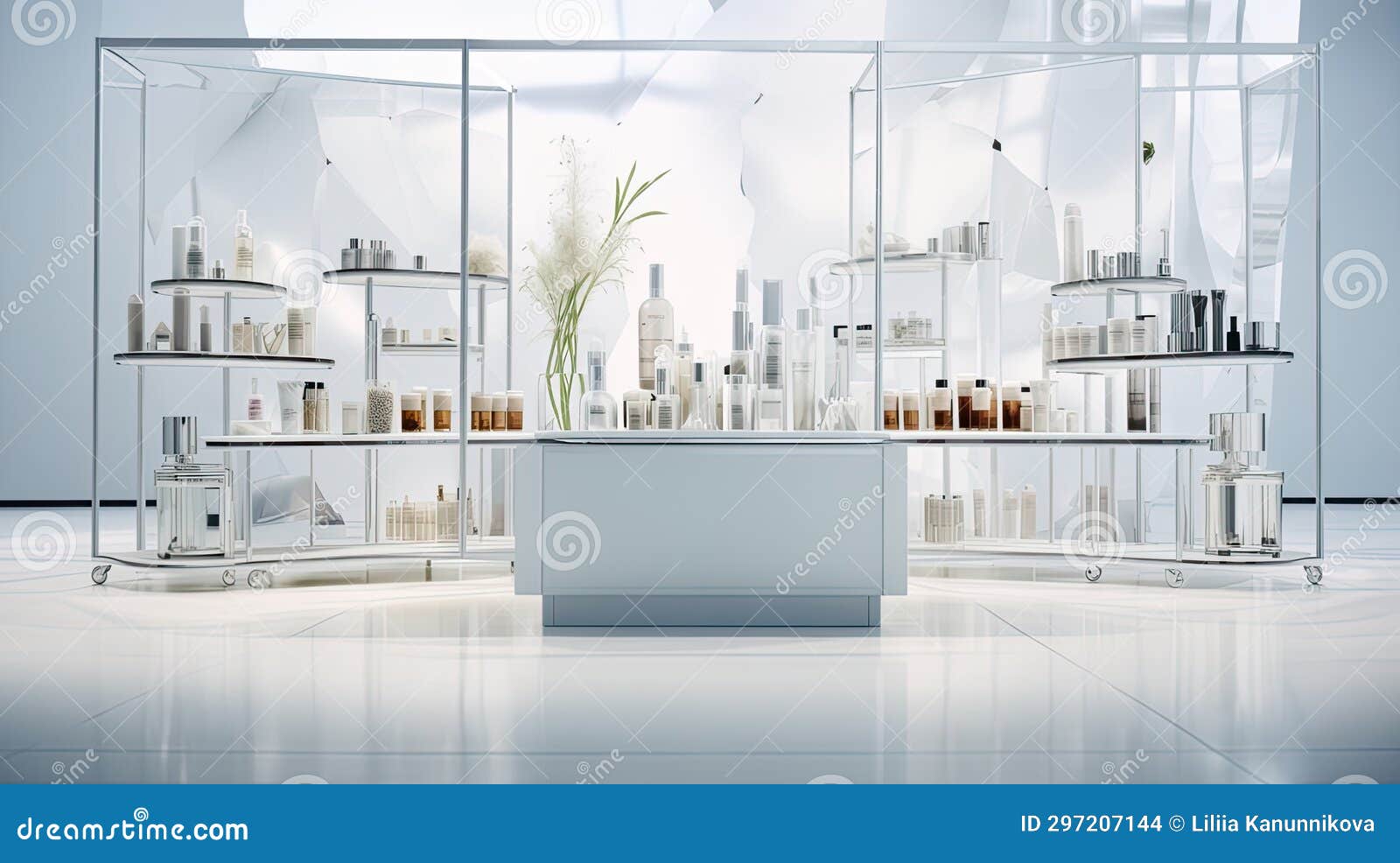 A Stage Showcase for Cosmetics, Elegantly Arranged on Glass Pedestals ...