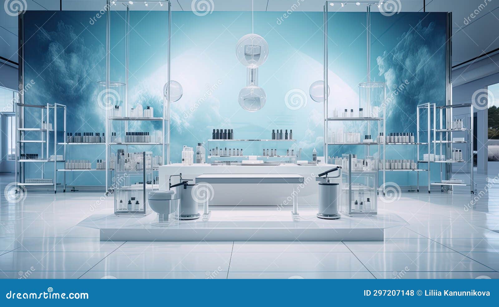 A Stage Showcase for Cosmetics, Elegantly Arranged on Glass Pedestals ...