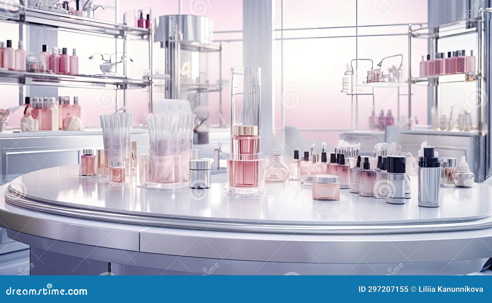A Stage Showcase for Cosmetics, Elegantly Arranged on Glass Pedestals ...