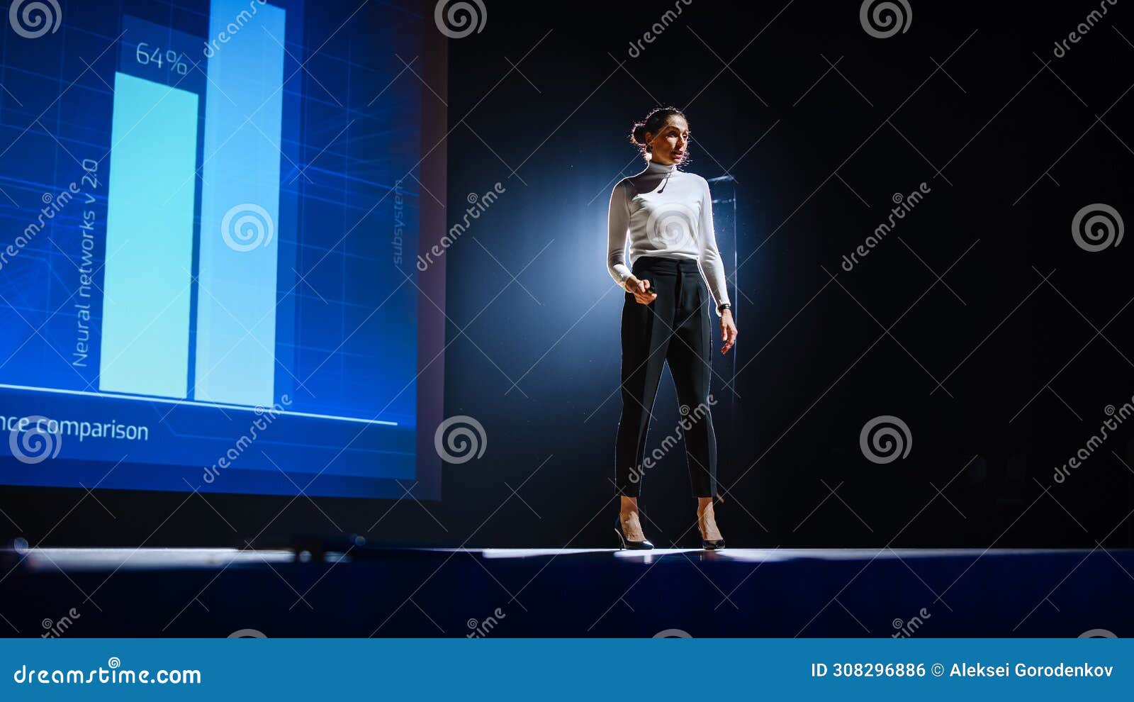 On-Stage Successful Female Speaker Presents Technological Product, Uses ...