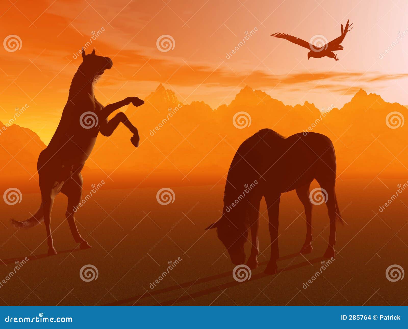Stagering Horse with Eagle, Foggy Morning. Stock Illustration ...