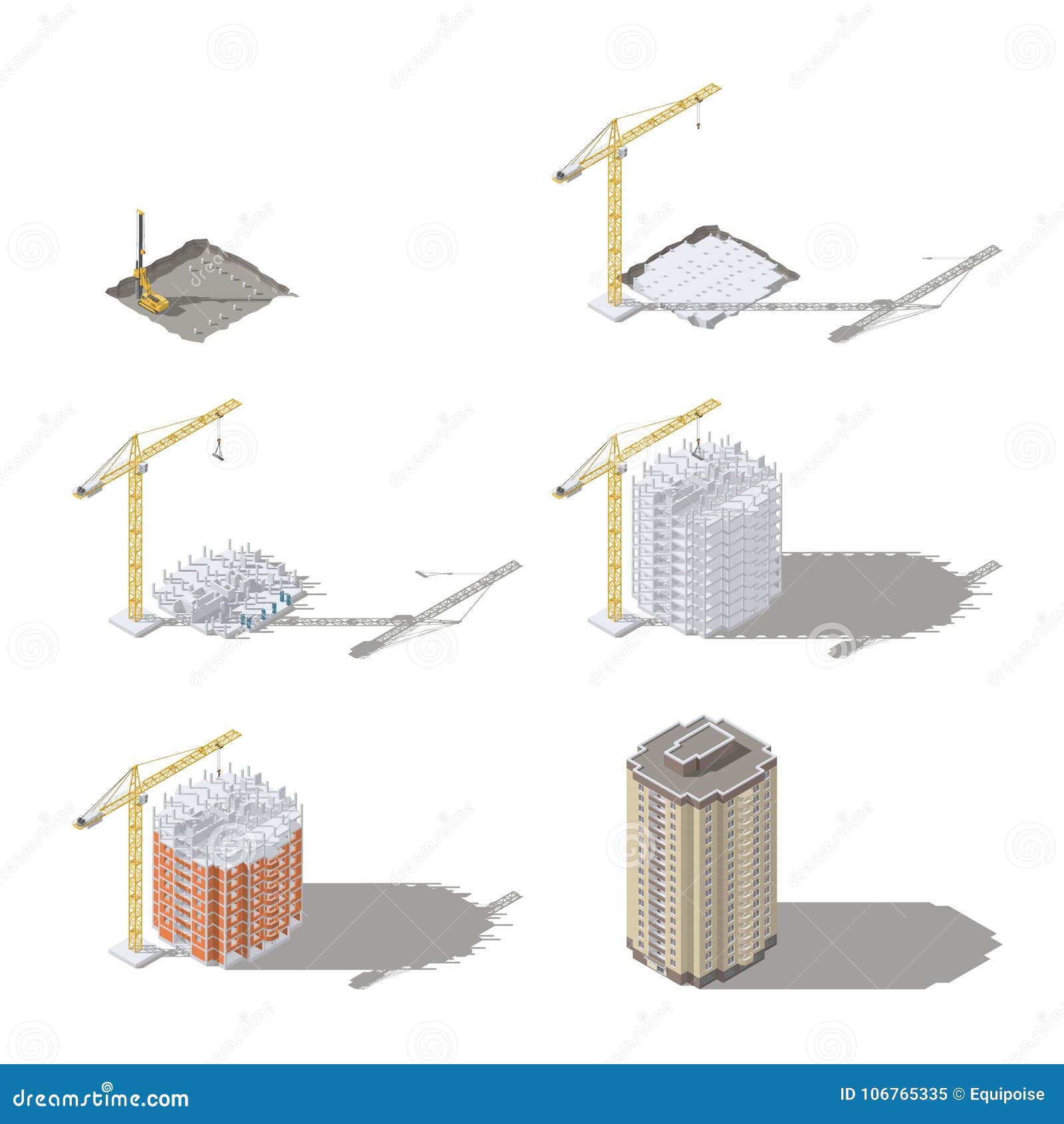 Stages of Construction of a High-rise Building Isometric Icon Set Stock ...