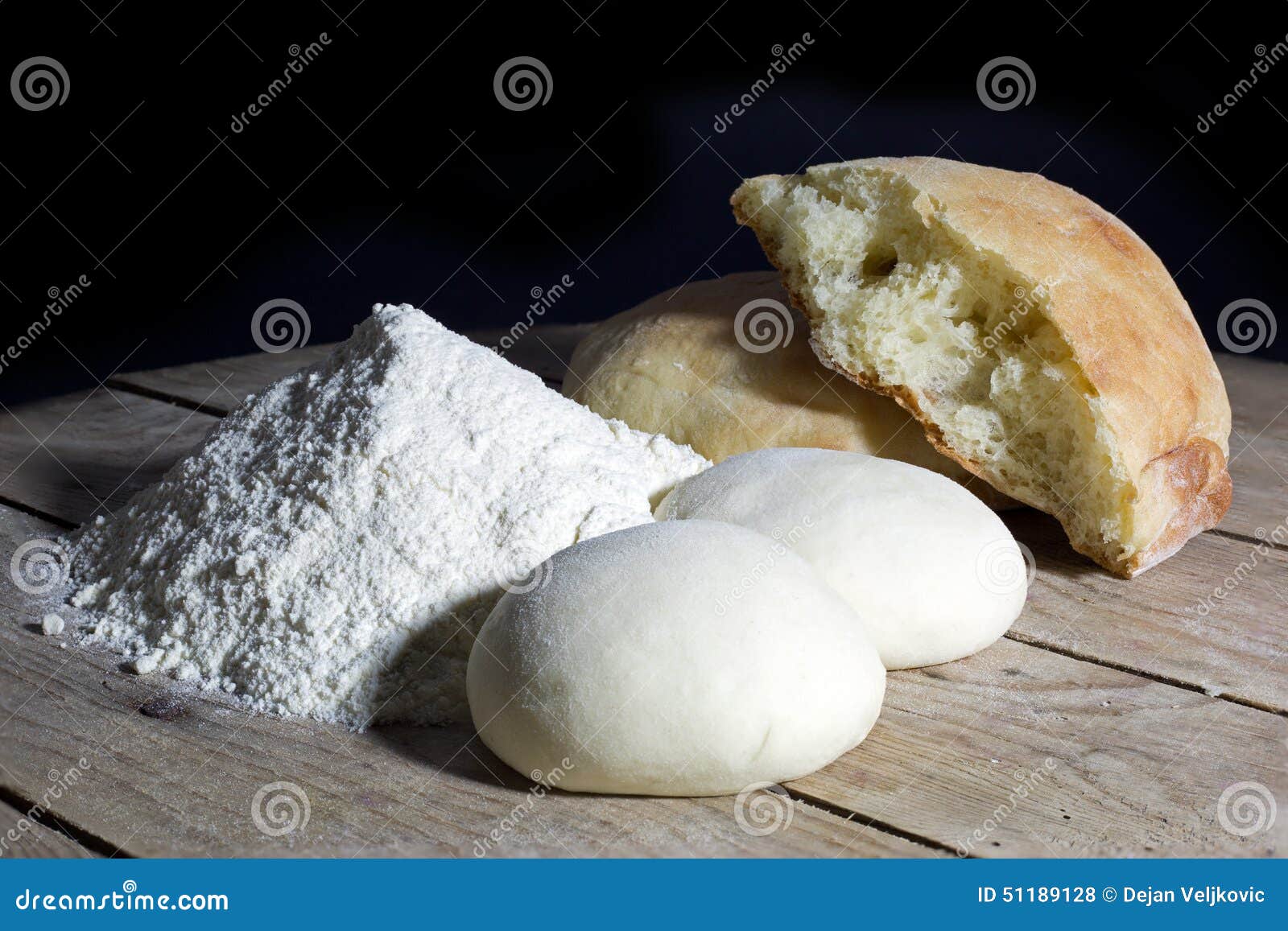 Stages of Making Bread-Flour, Dough and Loaf of Bread on Wooden Table ...