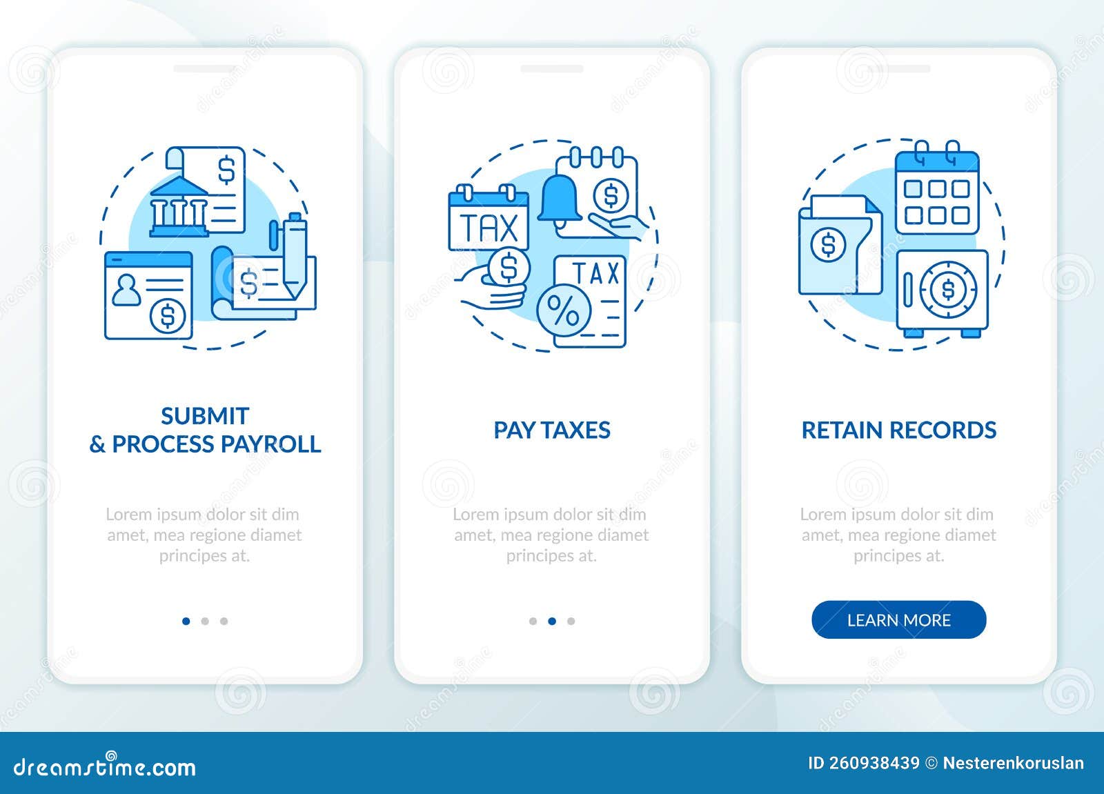 Stages of Payroll Processing Blue Onboarding Mobile App Screen Stock ...